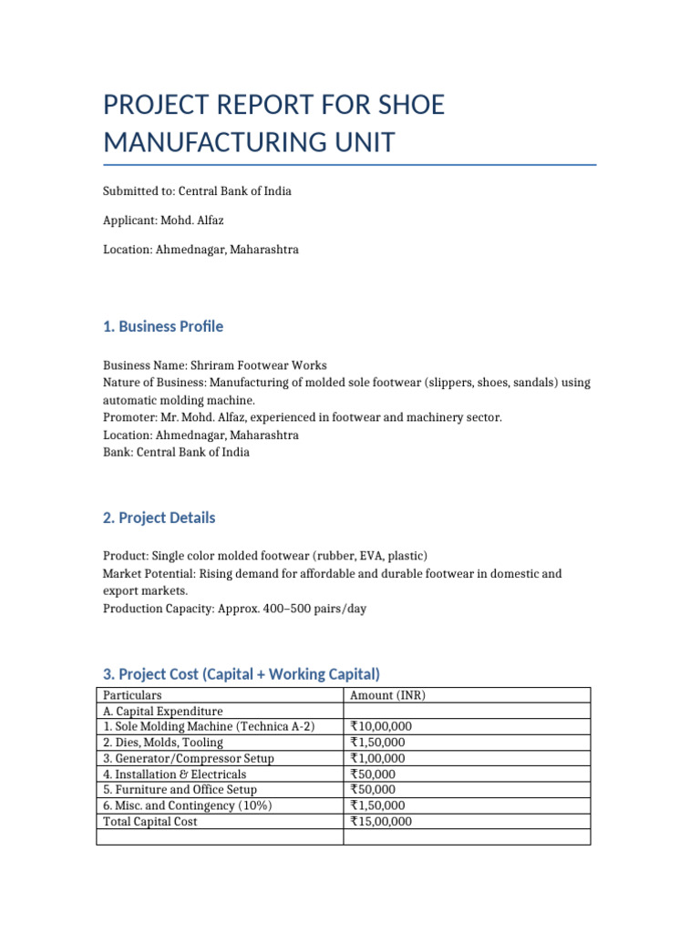 Footwear Manufacturing Project Report | PDF | Capital (Economics) | Shoe