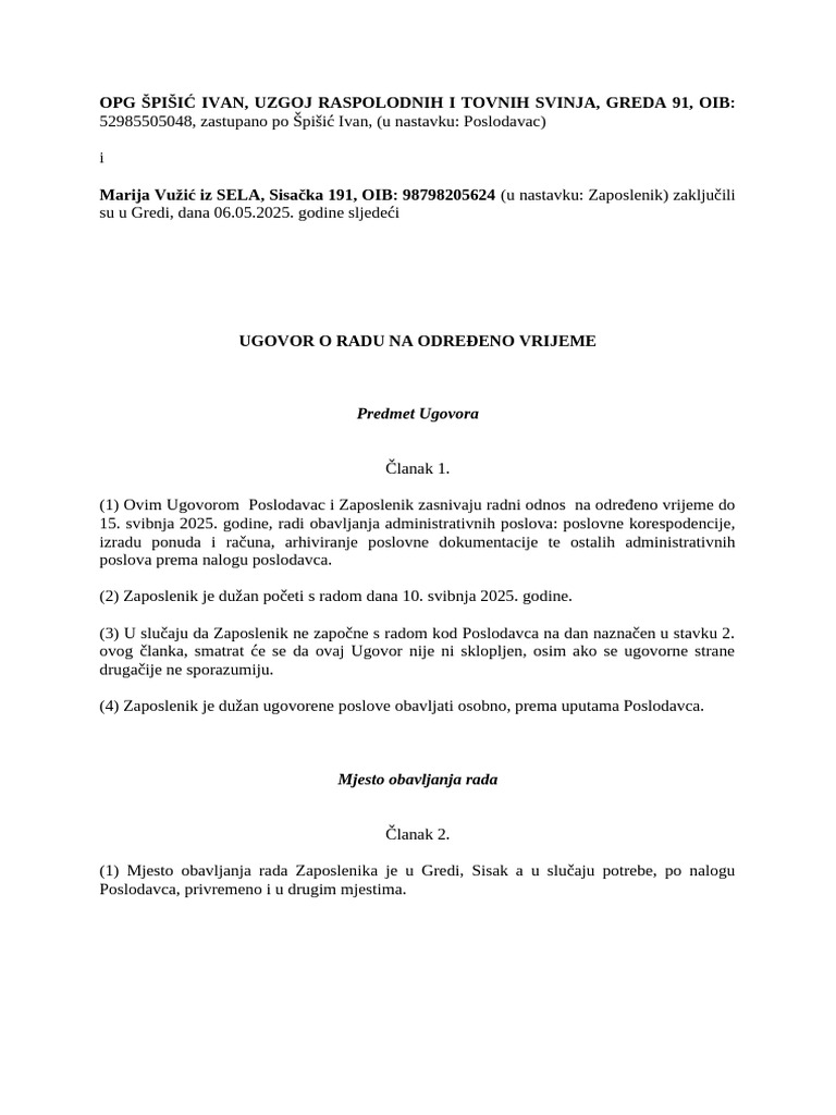 Ugovor o Radu Na Određeno Vrijeme | PDF