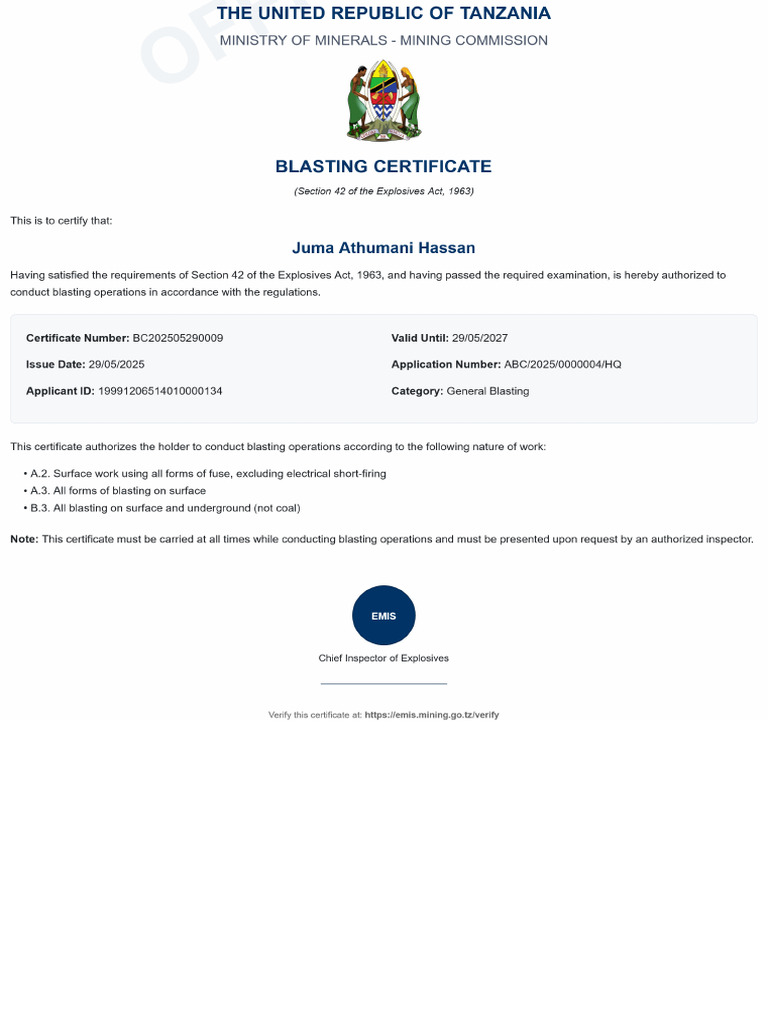 Blasting Certificate | PDF