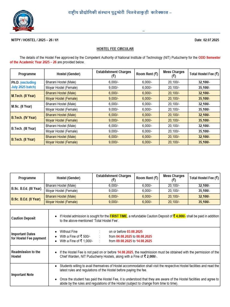 NIT Puducherry Hostel Fee Structure 2025-26 | PDF | Payments | Money