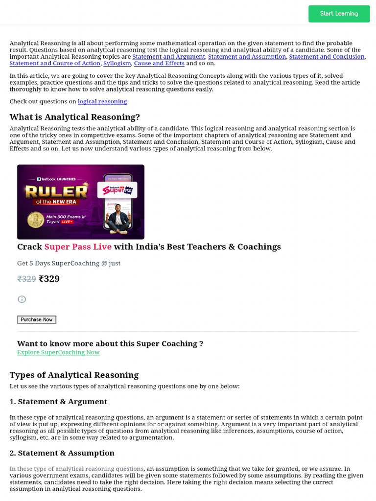 Analytical Reasoning - Learn Key Concepts With Solved Examples | PDF