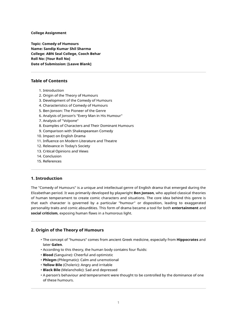 Understanding Comedy of Humours | PDF