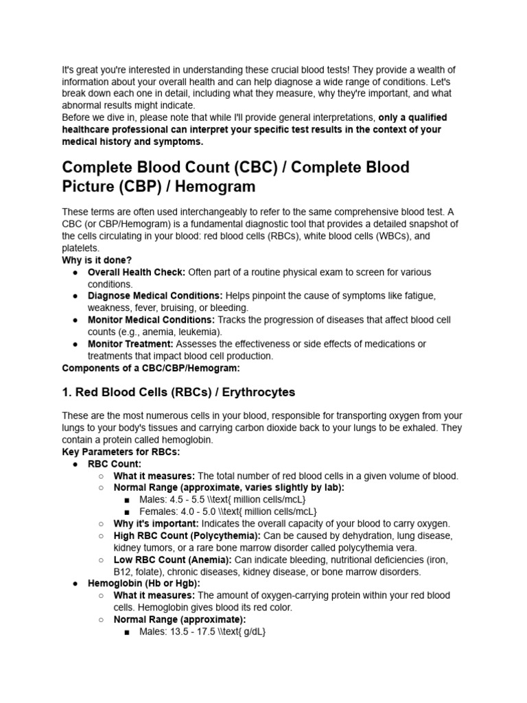 CBC, CBP, Peripheral Smear, Hemogram, Reticulocyte... | PDF | Anemia ...