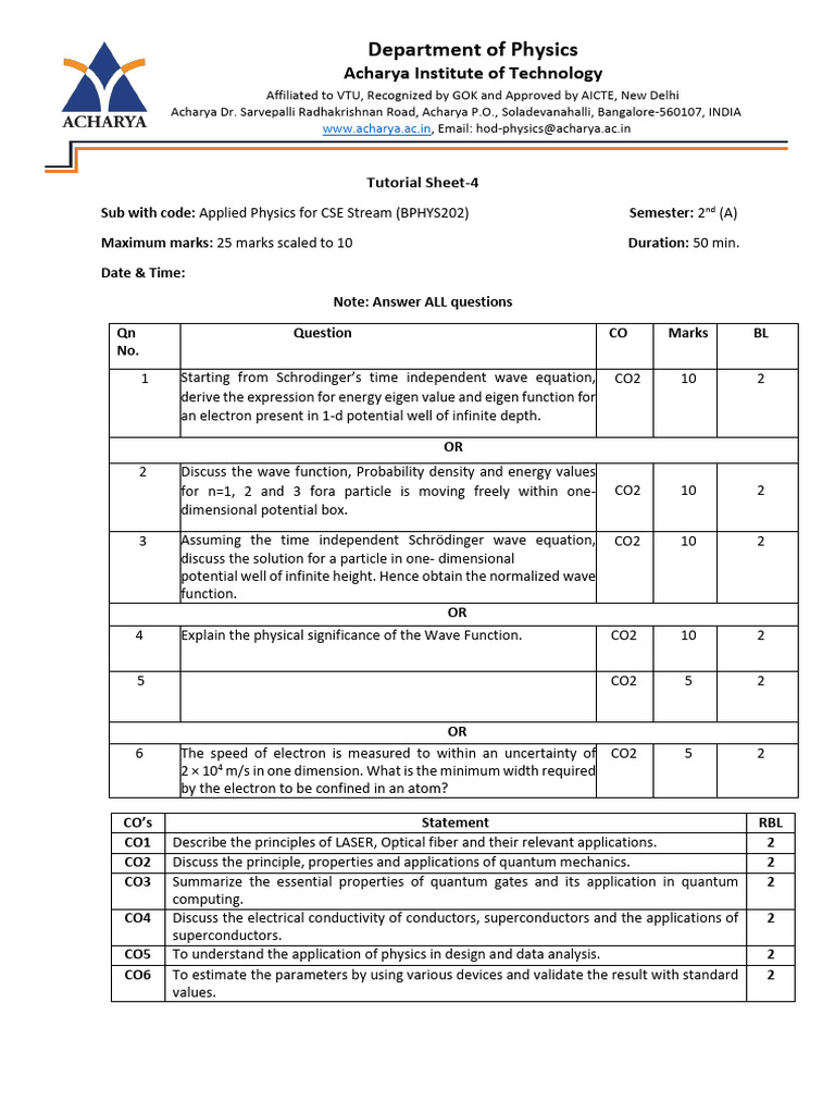 Tutorial Sheet-4 BPHYS202 | PDF | Electron | Schrödinger Equation