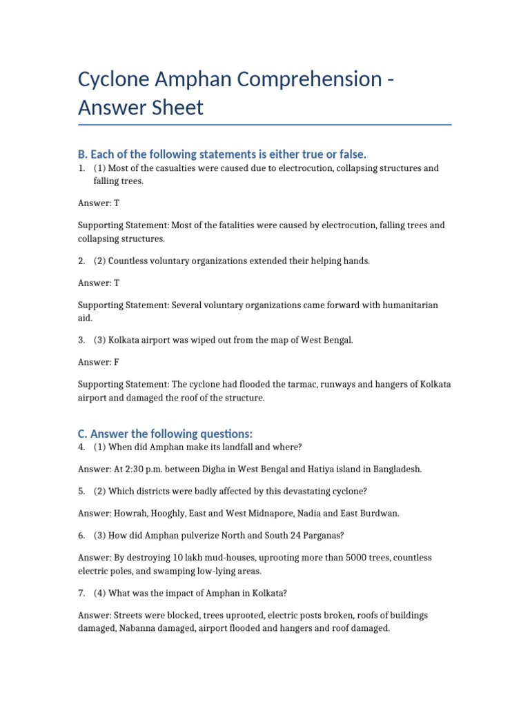 Cyclone Amphan Comprehension Answers Updated | PDF