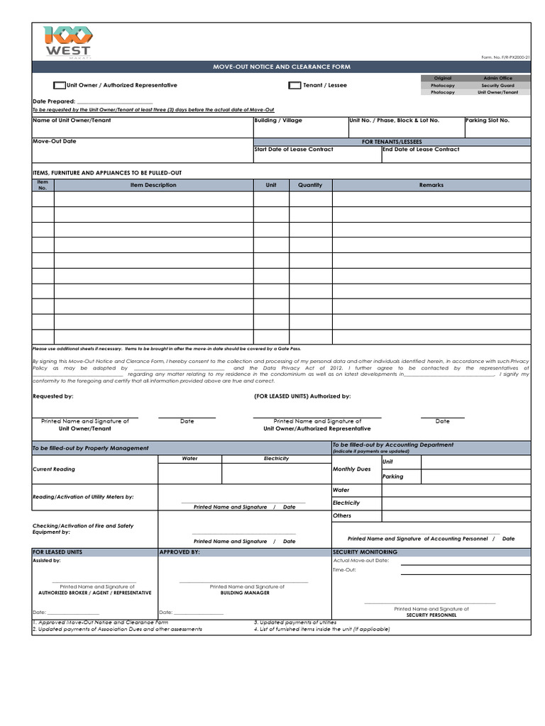 Tenant Move-Out Clearance Form | PDF | Lease