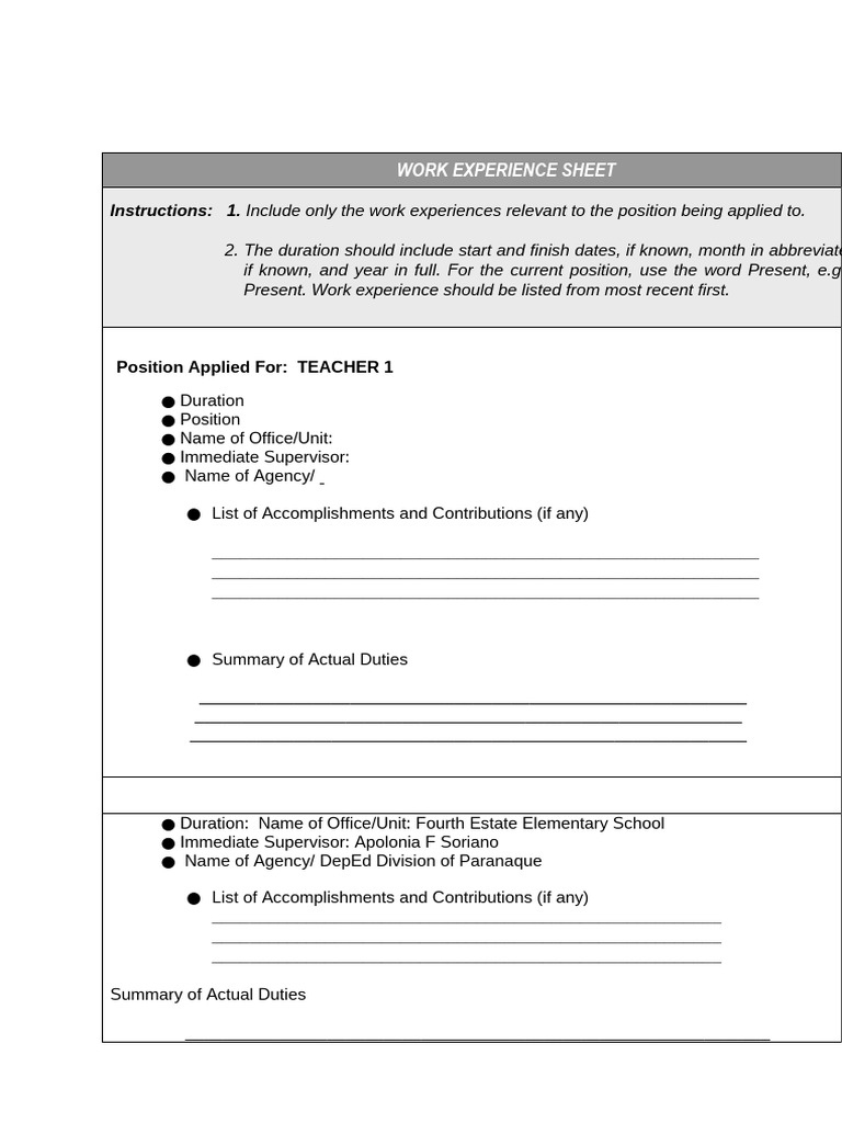 Teacher 1 Work Experience Sheet | PDF
