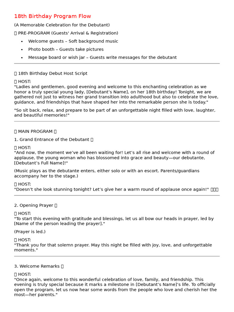 18th Birthday Program Flow AND sCRIPT2 | PDF