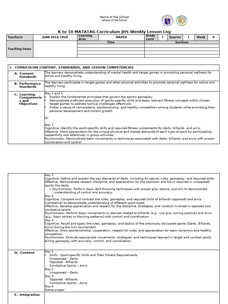 DLL Matatag Week 4 Pe and Health | PDF | Physical Education | Learning
