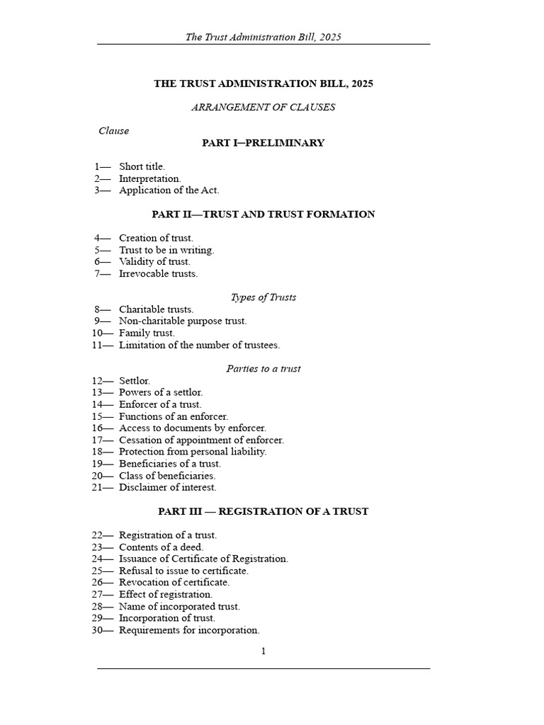 Trust Administration Bill 2025 Overview | PDF | Trustee | Settlor