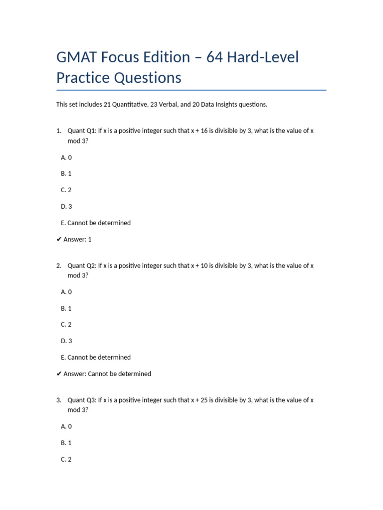 GMAT Focus Edition: 64 Practice Questions | PDF | Business | Chess Theory
