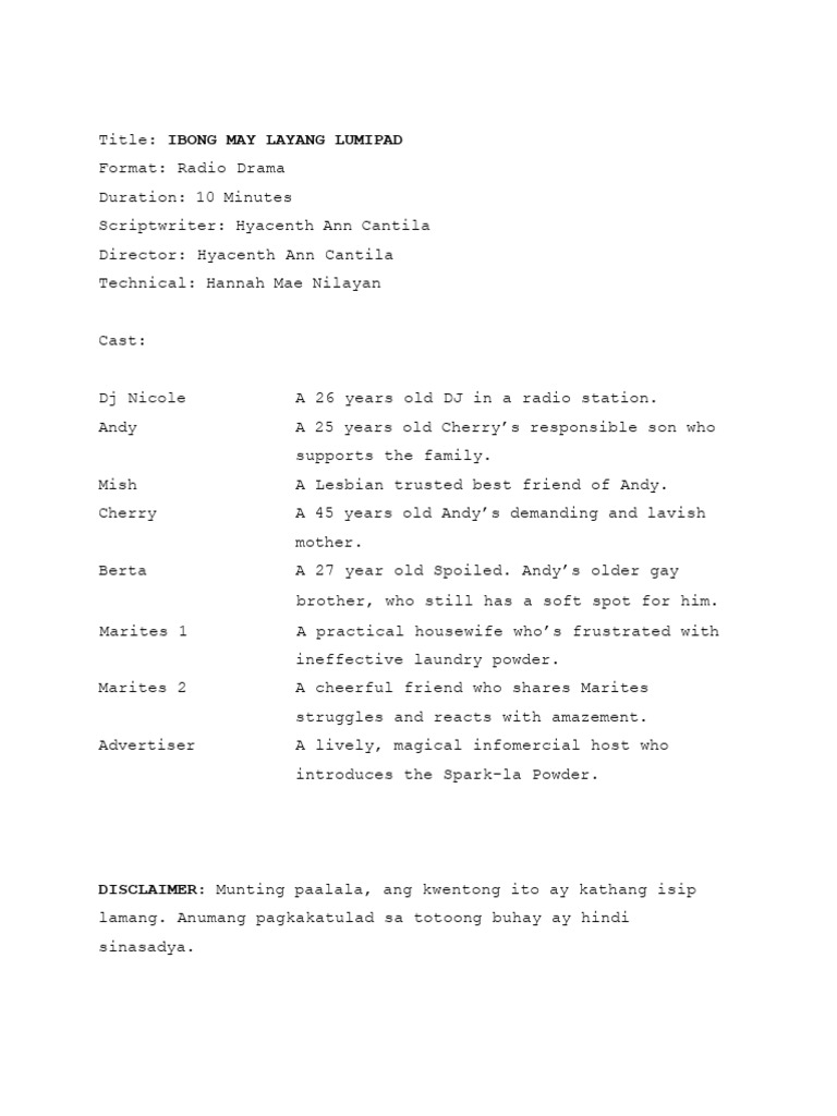 IBONG-MAY-LAYANG-LUMPAD_RADIO DRAMA SCRIPT | PDF