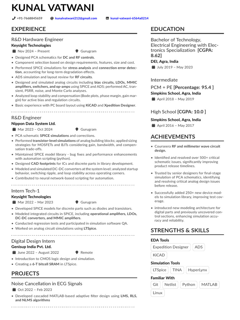 Kunal Vatwani Resume CDE | PDF | Spice | Electronic Circuits