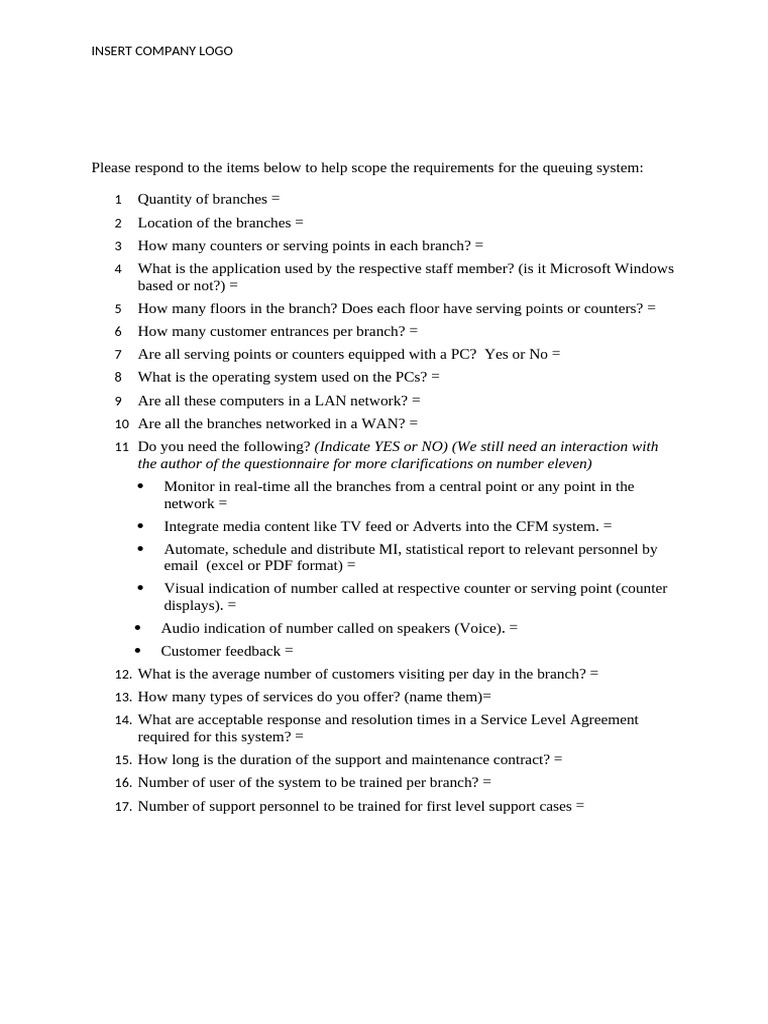 Queuing System Requirements Questionnaire | PDF