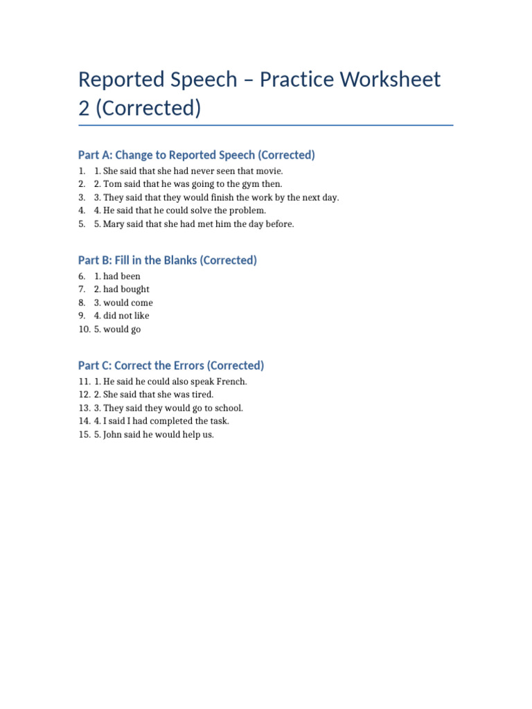 Reported Speech Worksheet 2 Dikshitha | PDF
