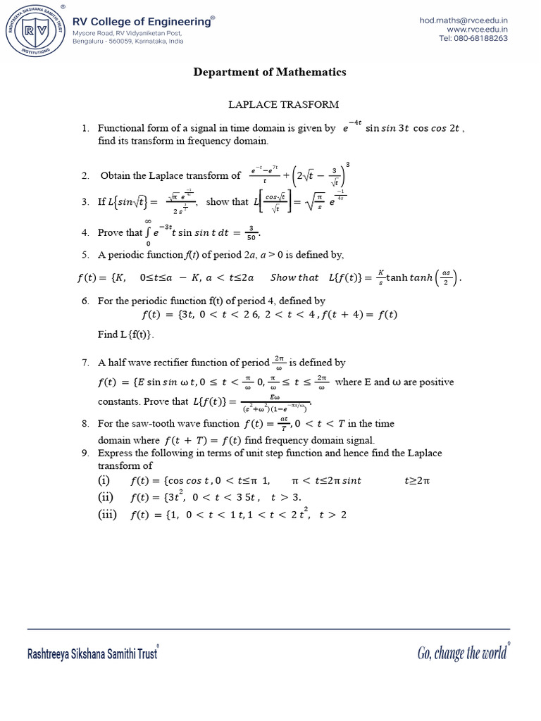 LAPLACE TRASFORM Question Bank Questions | PDF | Laplace Transform ...