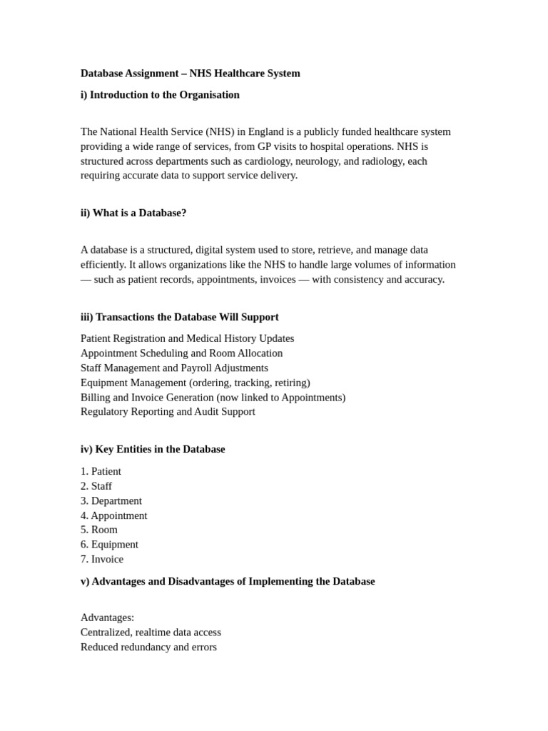 Database Assignment - NHS Healthcare System | PDF | Databases ...