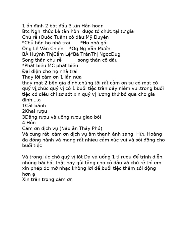 Script MC Tiệc Cưới - Tân Hôn (Bản Rút Gọn) | PDF