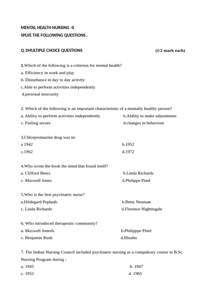 MENTAL HEALTH NURSING Que Paper | PDF | Mental Disorder | Mental Health
