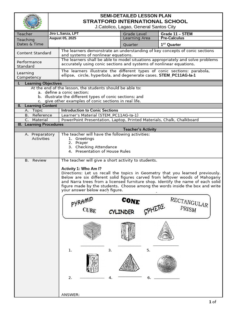 Conic Sections in Precalculus Lesson | PDF | Ellipse | Euclid
