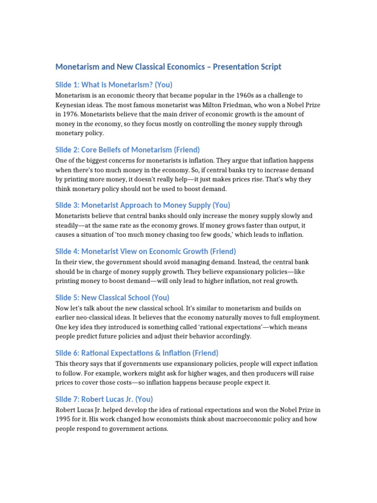 Monetarism Presentation Script | PDF | Monetarism | Economics