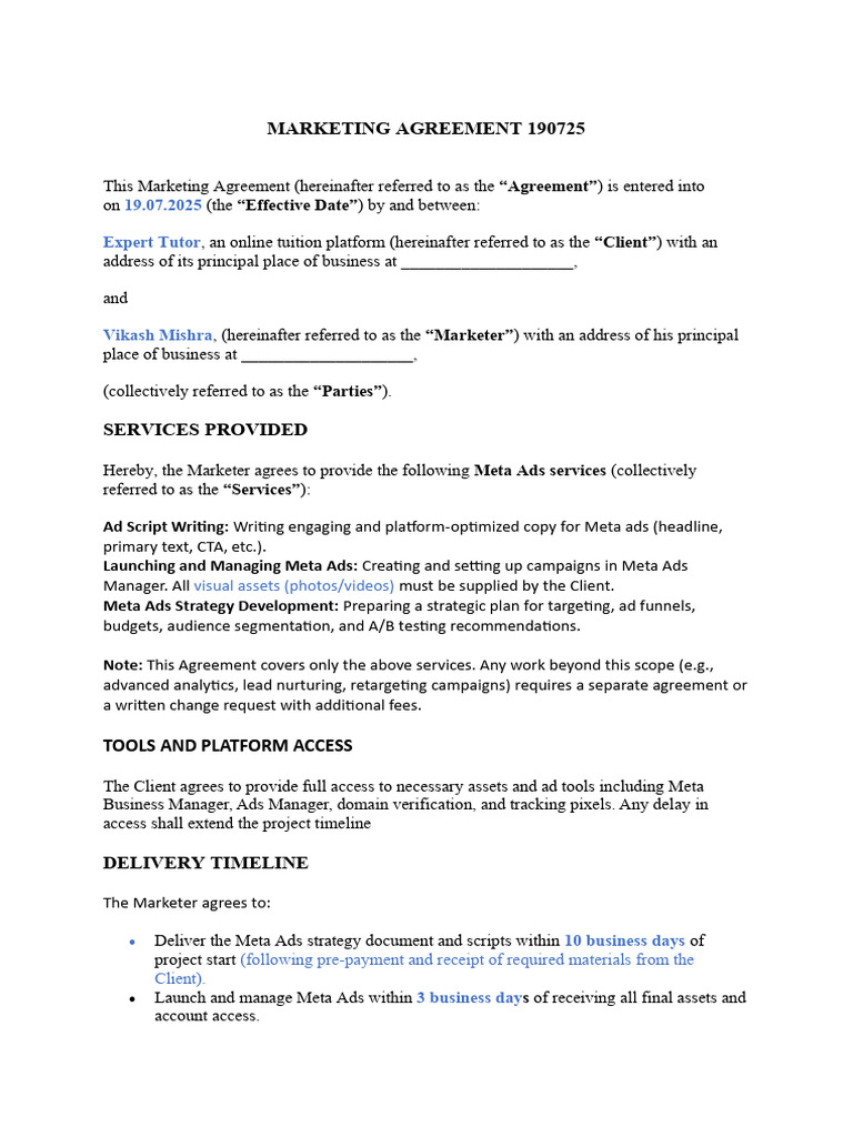 Marketing Agreement for Meta Ads Services | PDF | Legal Liability ...