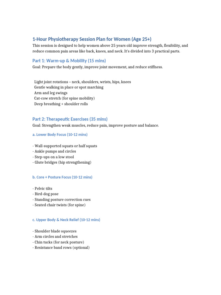 1-Hour Physiotherapy Plan for Women 25+ | PDF | Musculoskeletal System