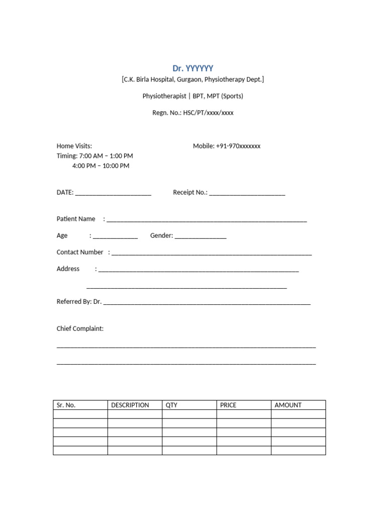 Professional Physiotherapy Billing Form | PDF