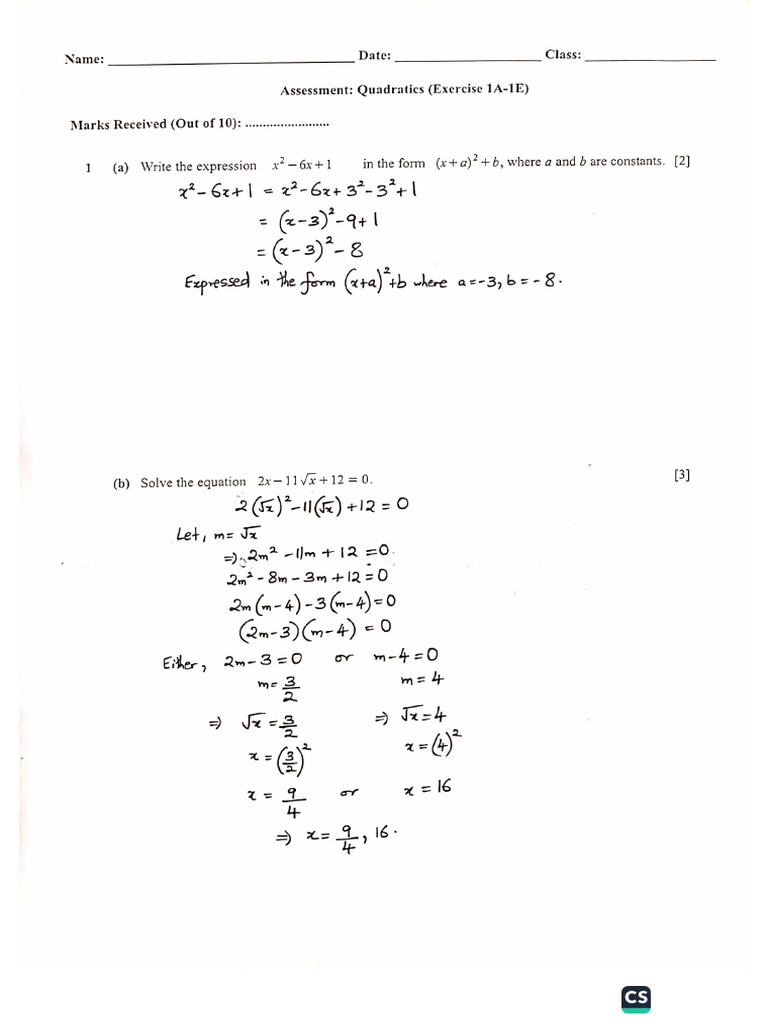 Quadratics Ex 1A-1E Test Marking Scheme | PDF