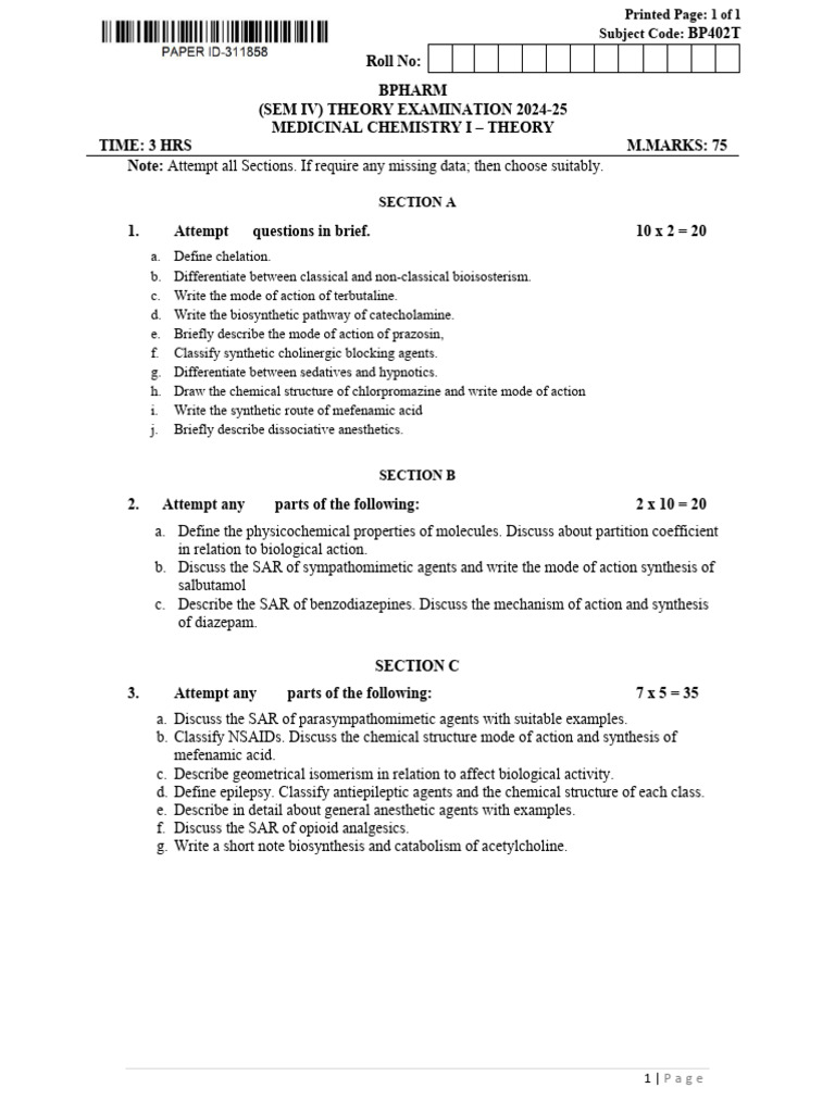 Bpharm 4 Sem Medicinal Chemistry 1 Bp402t Mar 2025 | PDF | Biosynthesis ...