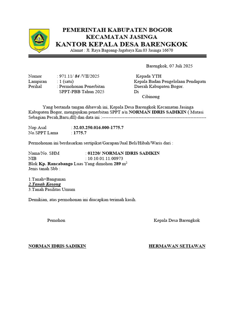 Contoh Surat Permohonan SPPT Tanah | PDF