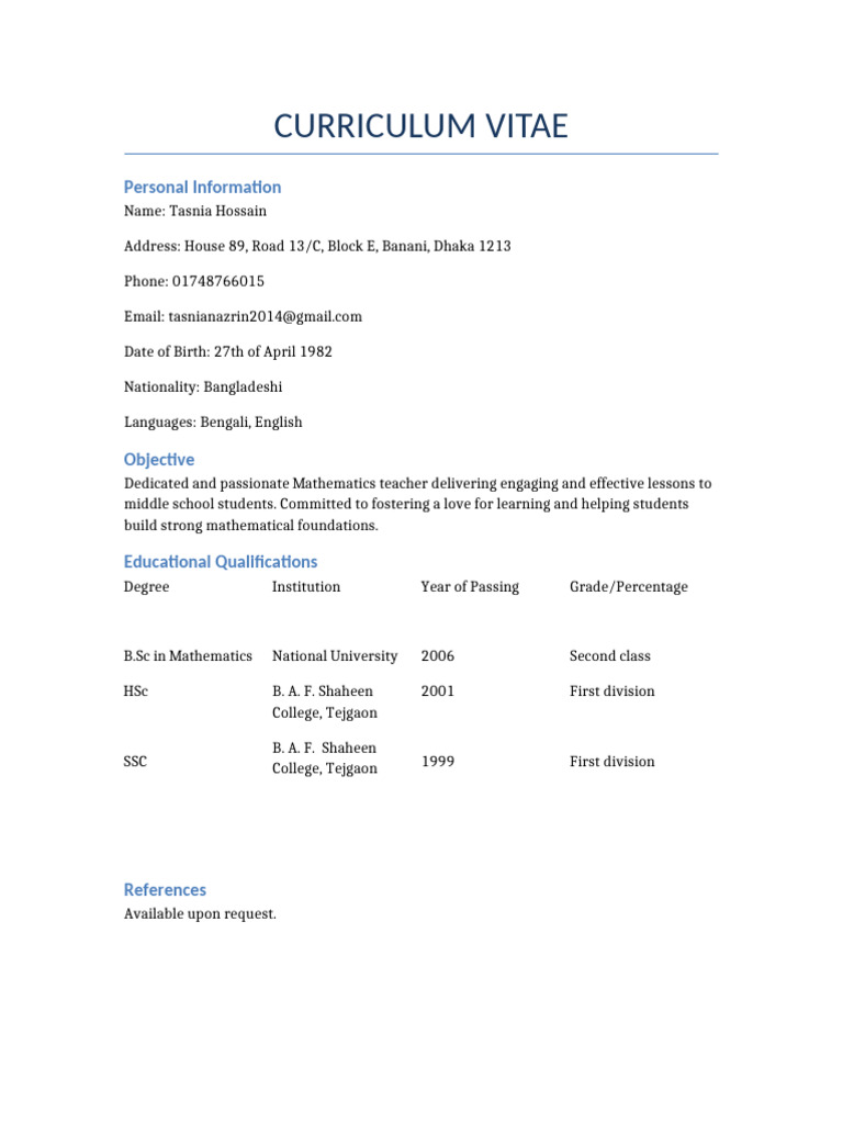 Mathematics Teacher CV - Tasnia Hossain | PDF