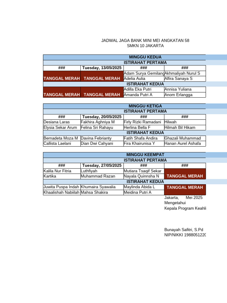 Jadwal Jaga Bank Mini Tenizen Mei 2025 | PDF