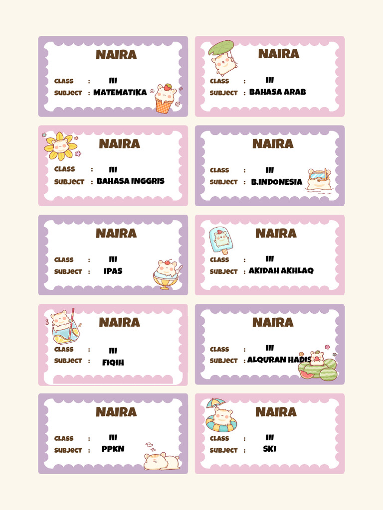 Cream Colorful Cute Name Label A4 Document | PDF