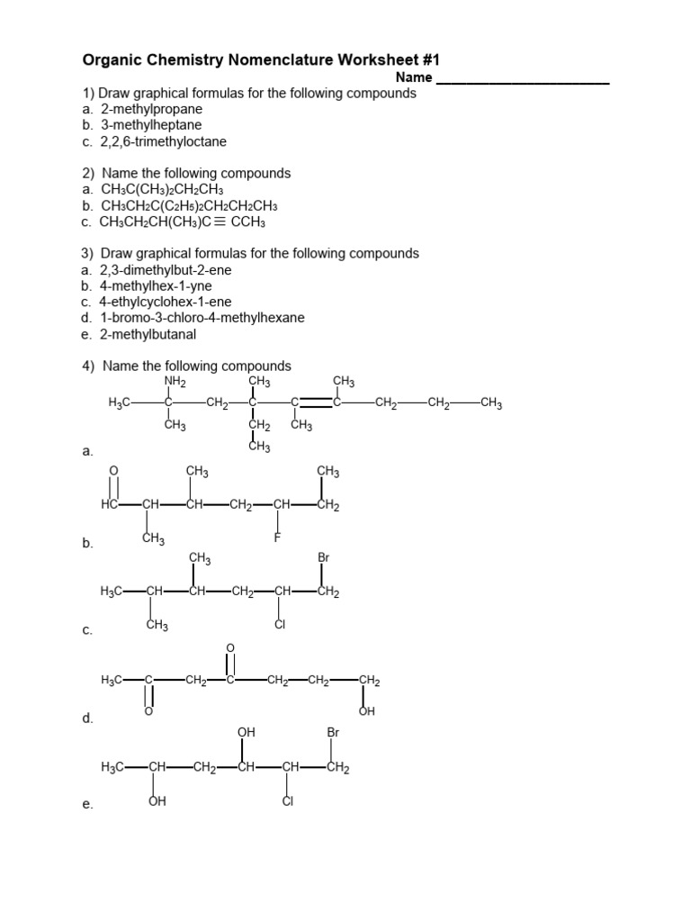 Organic Chemistry Nomenclature Worksheet | PDF
