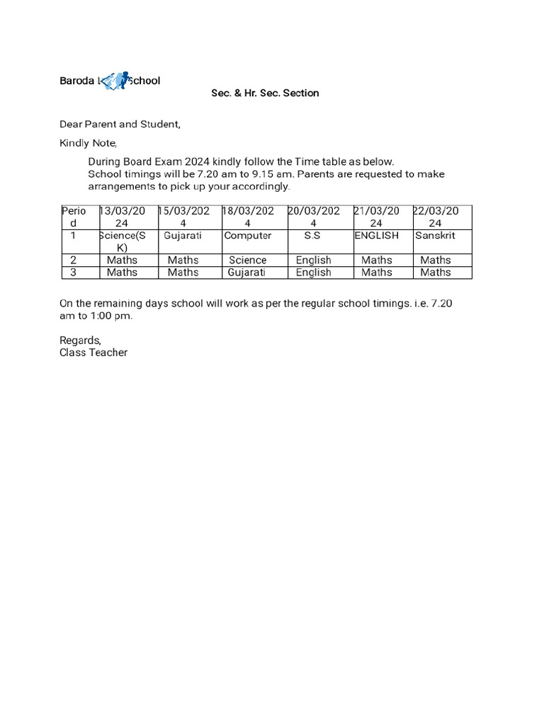 Std. 9 Board Exam Timetable | PDF
