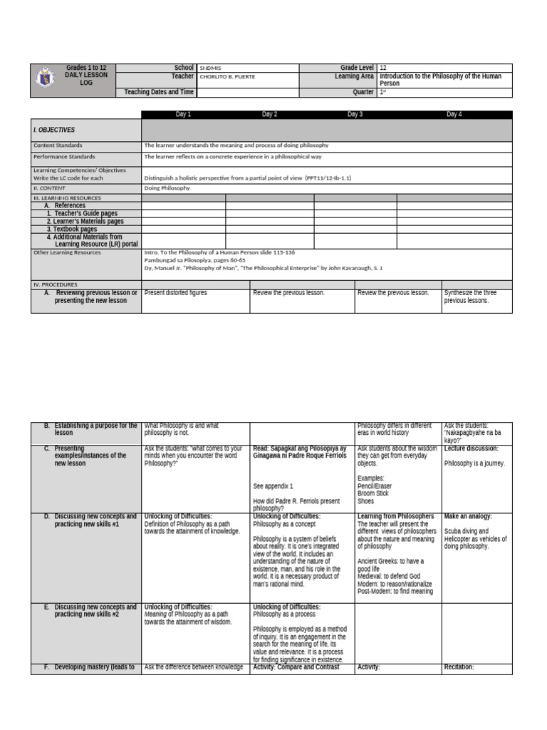 Grade 12 Philosophy Daily Lesson Log | PDF | Knowledge | Concept
