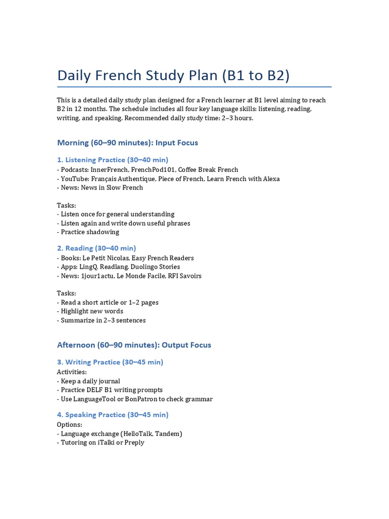 B1 to B2 Daily French Study Plan | PDF