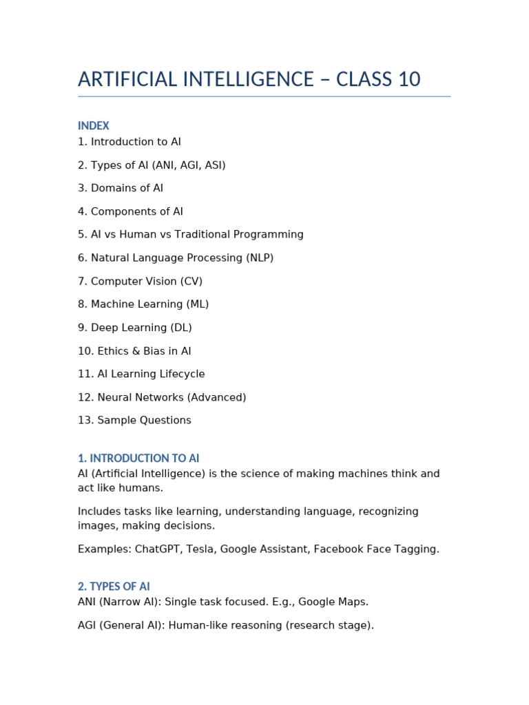 AI Concepts and Types for Class 10 | PDF | Artificial Intelligence ...