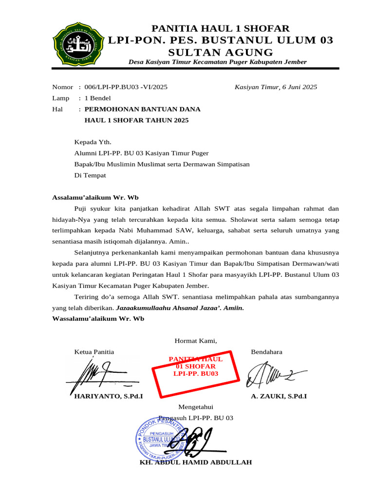 Proposal Permohonan Dana Haul 1 Shofar | PDF