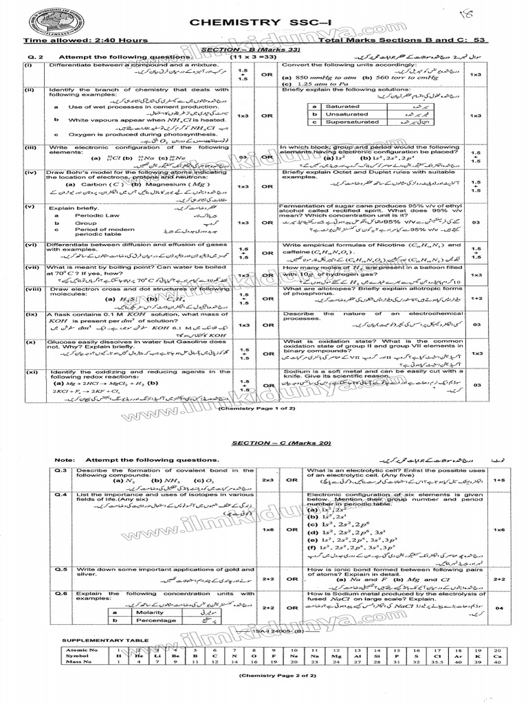 Past Paper 2024 9th Class Federal Board Chemistry Group I Subjective | PDF