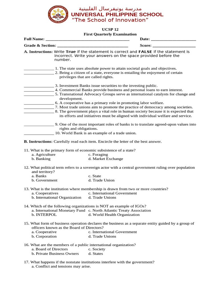 1st Quarterly Exam in UCPS 12 | PDF | Institution | Cooperative