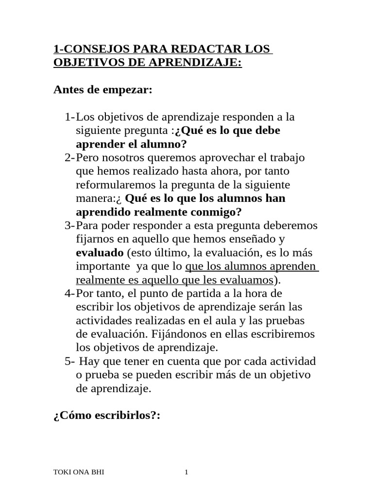 Consejos para Redactar Objetivos de Aprendizaje | PDF | Aprendizaje | Evaluación