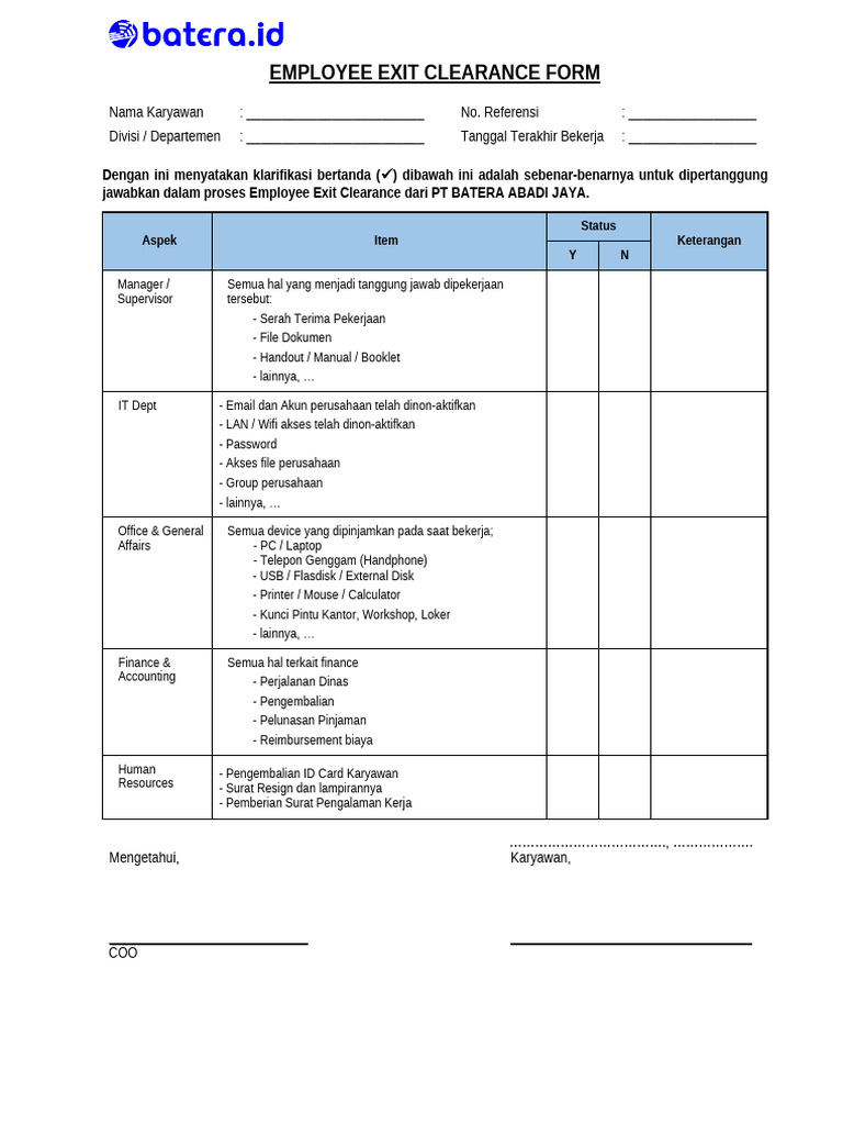 Formulir Clearance Karyawan Keluar | PDF