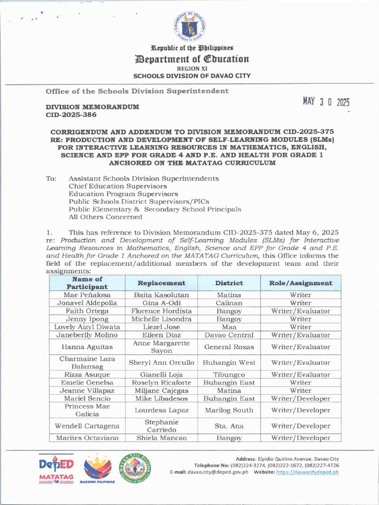 Cid 2025 DM No. 386 Corrigendum and Addendum To Division Memorandum Cid ...