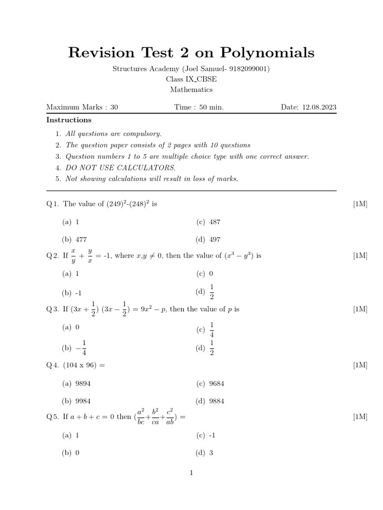 Polynomials Revision Test for Class IX | PDF | Chess | Chess Theory