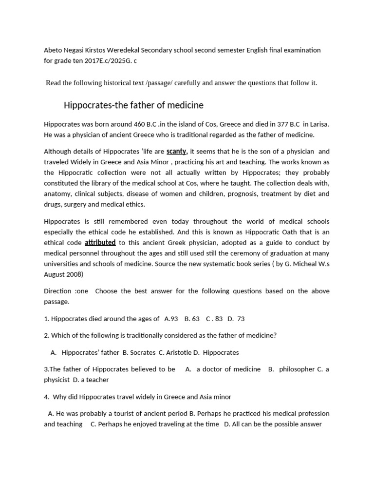 Grade Ten Final Examination | PDF | Medicine | Health Care