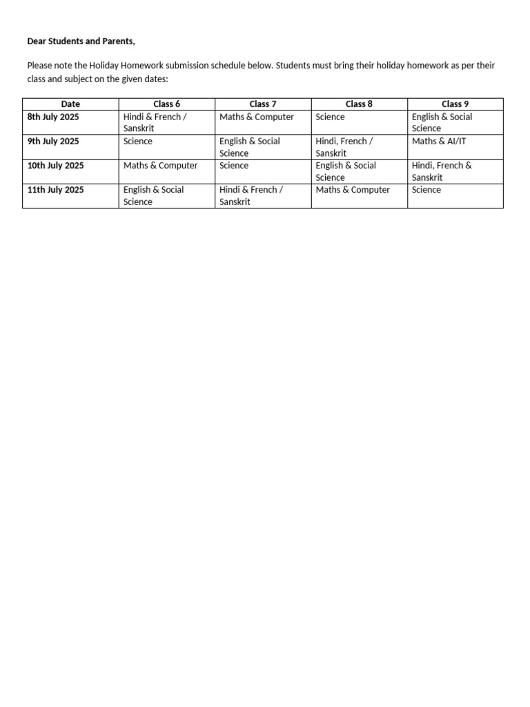 Holiday HW Submission Schedule | PDF
