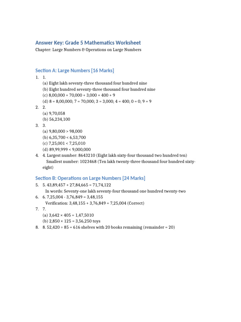 Grade 5 Large Numbers Answer Key | PDF