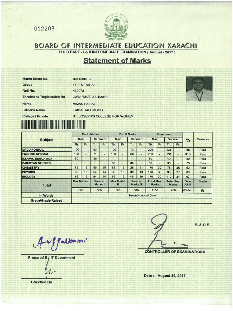 Inter Marksheet | PDF